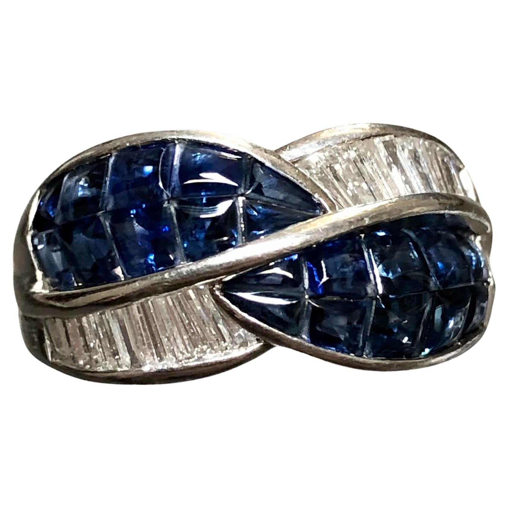 Estate Platinum Buff Top Sapphire Baguette Diamond Cocktail Band Ring 4 ...