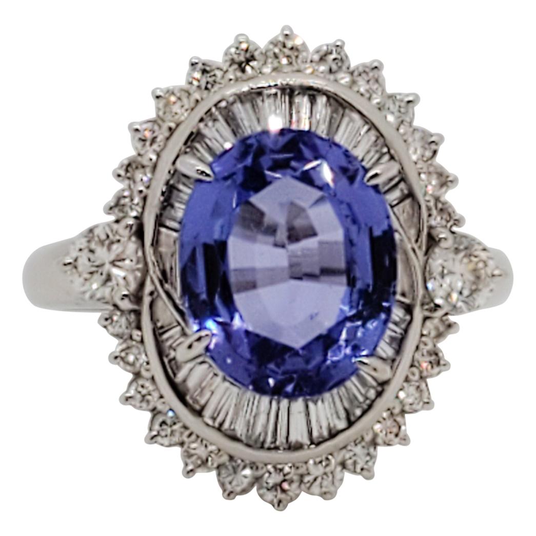 Tanzanite Oval and Diamond Baguette Cocktail Ring in Platinum at 1stDibs