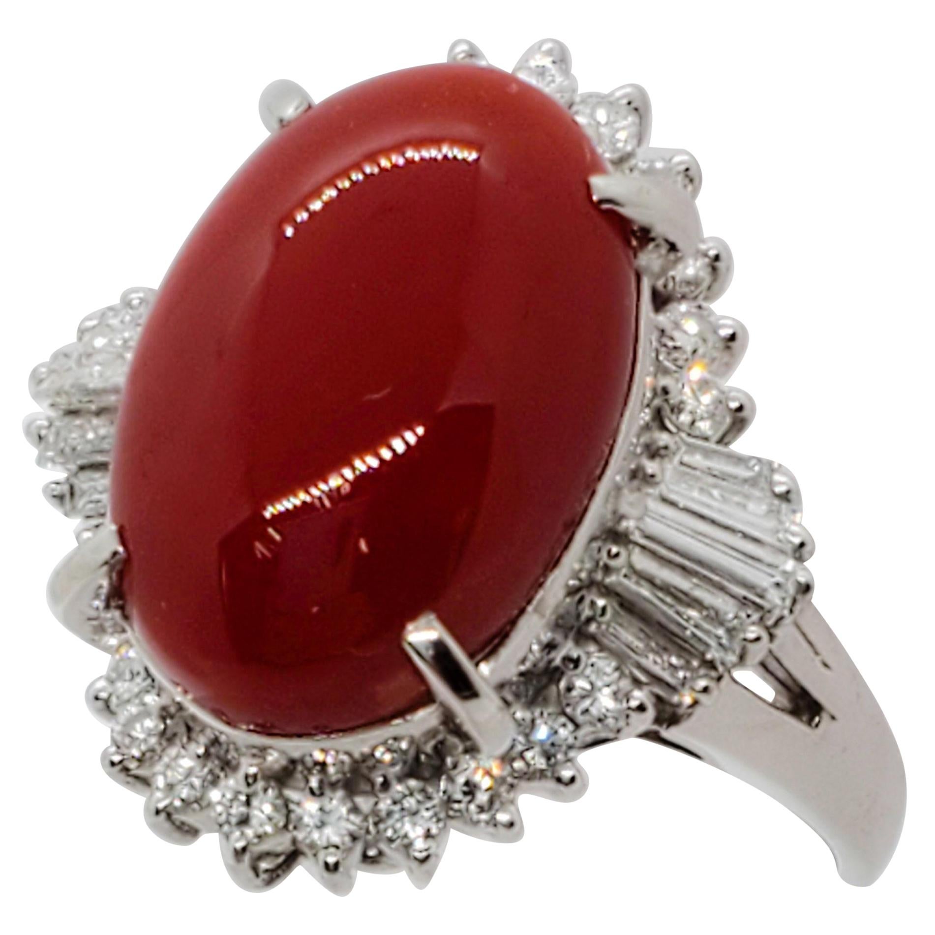 Estate Red Coral Oval and White Diamond Ring in Platinum For Sale at ...