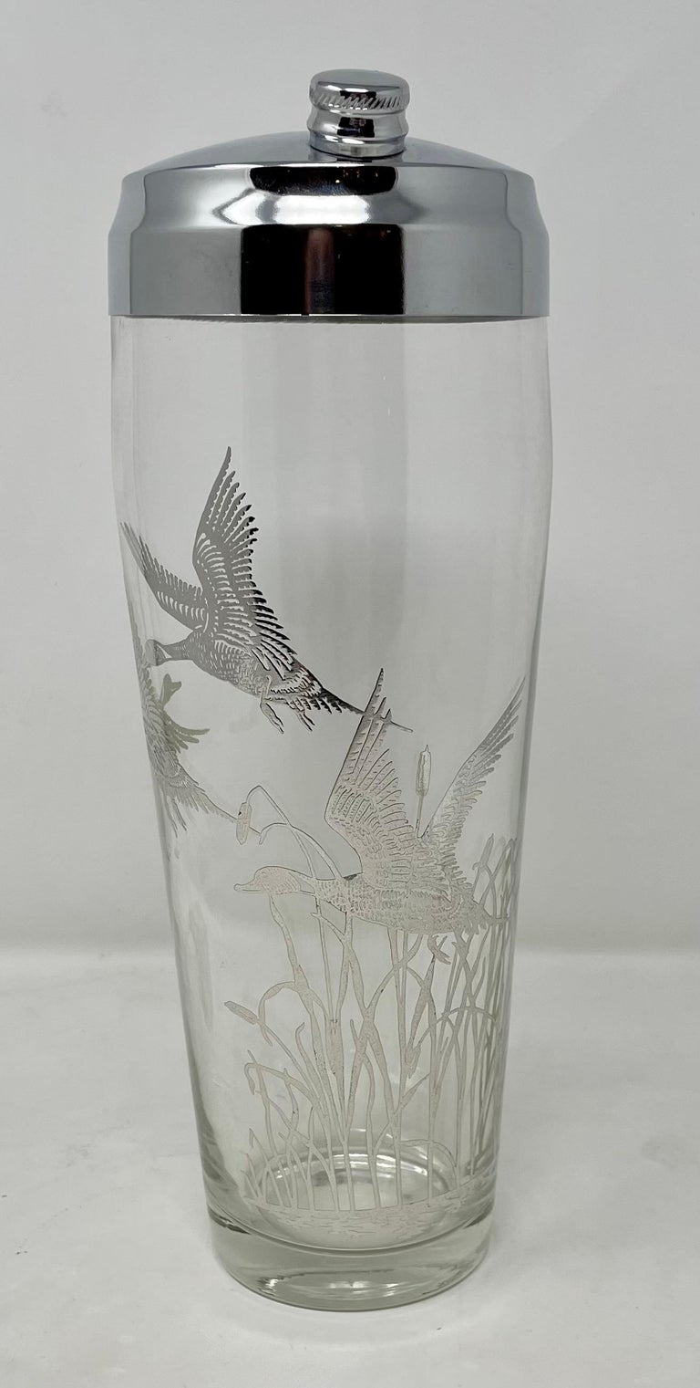 Estate Retro Cut Crystal and Silver Overlay Cocktail Shaker with Birds ...