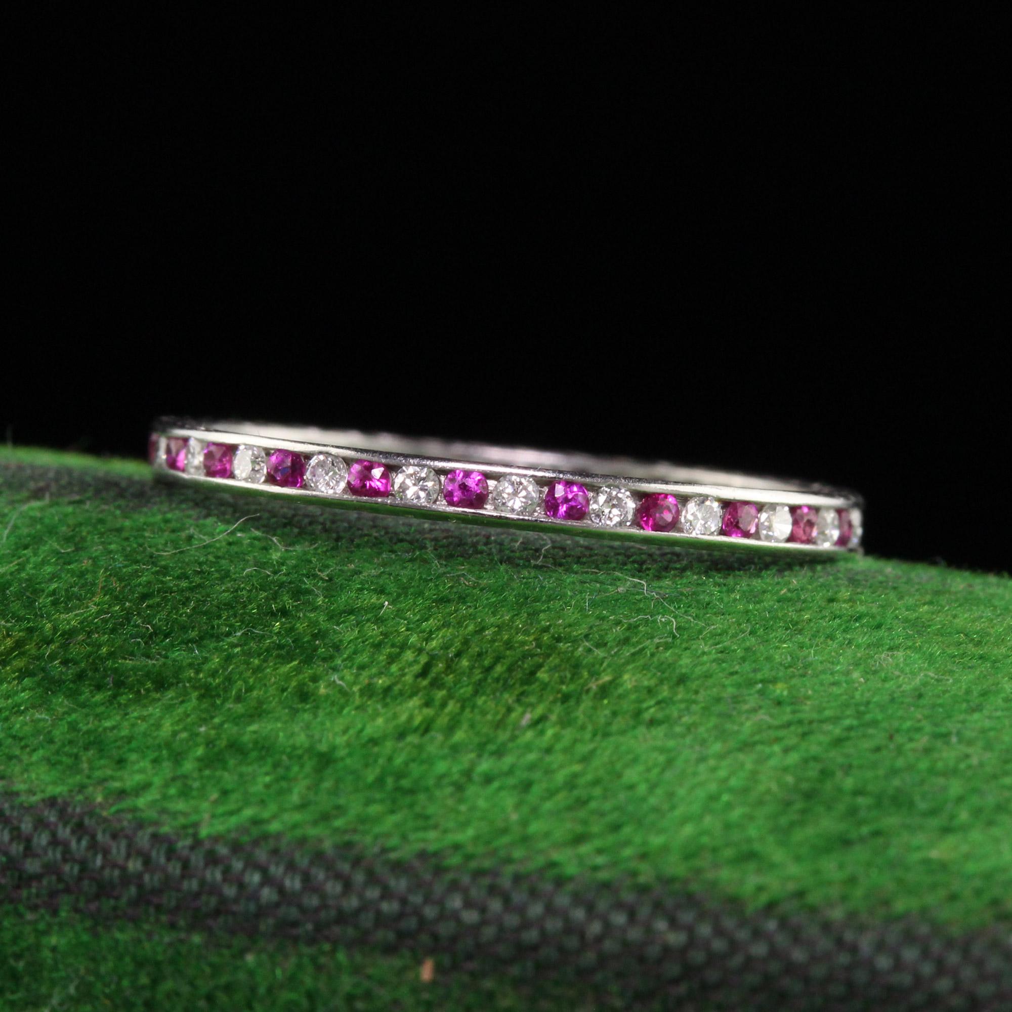 Estate Retro Platinum Diamond and Ruby Engraved Eternity Band at 1stDibs