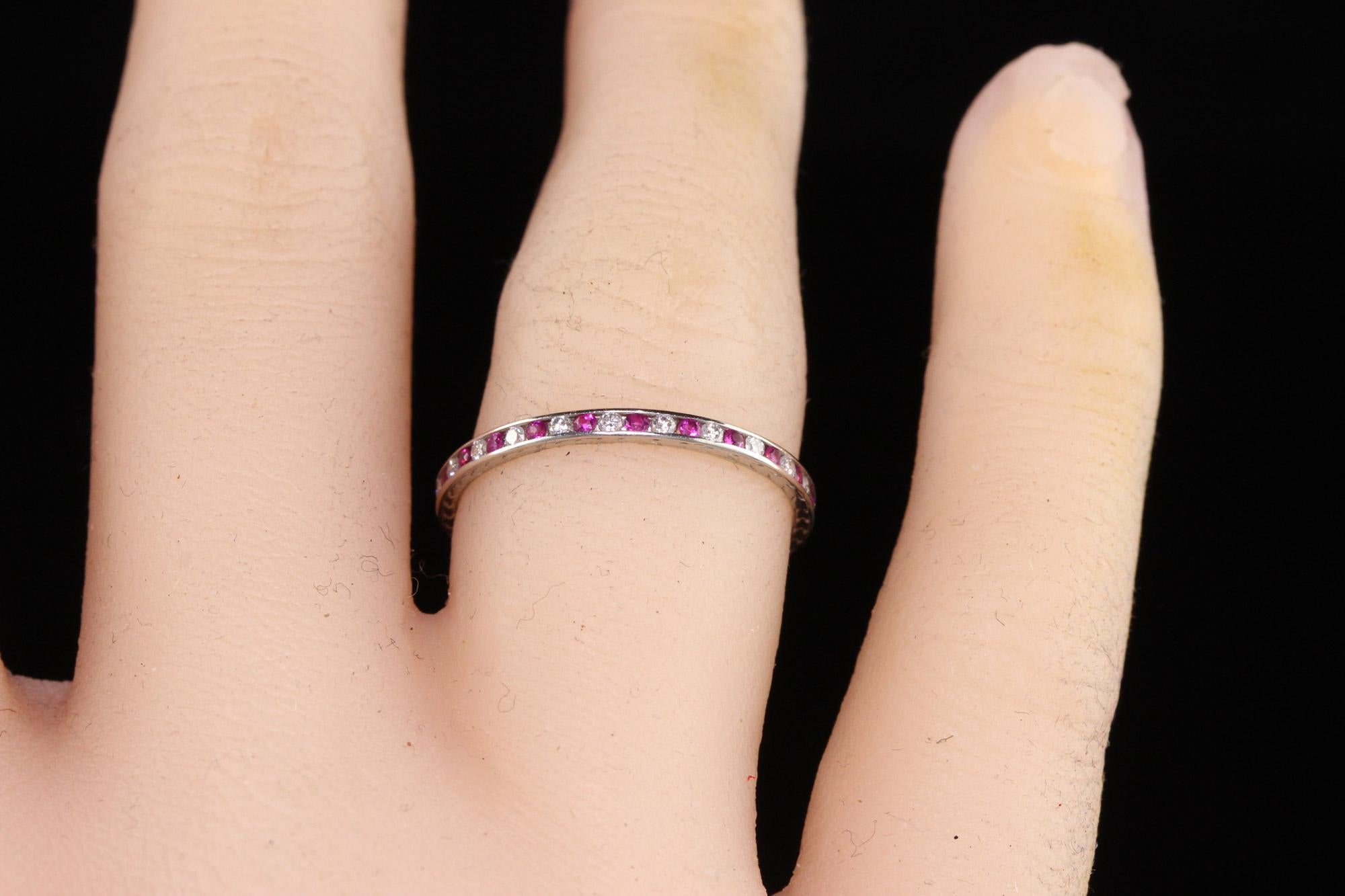 Estate Retro Platinum Diamond and Ruby Engraved Eternity Band at 1stDibs