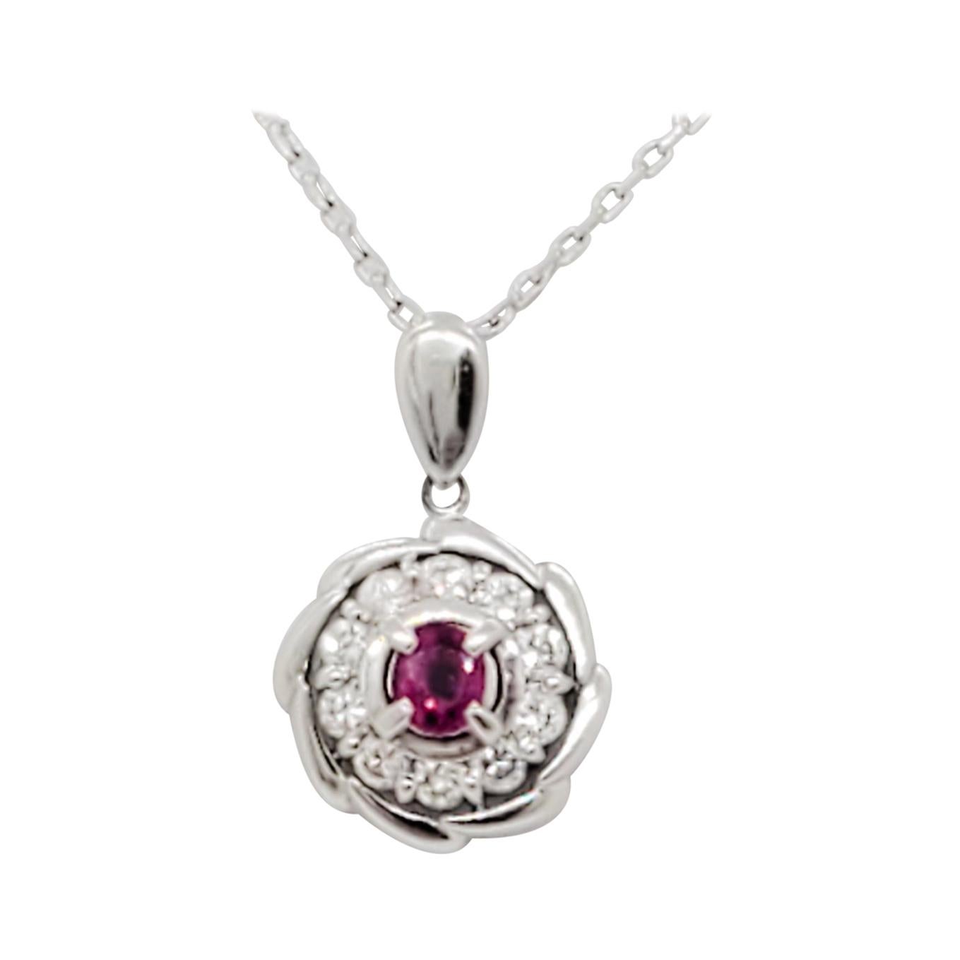 Ruby and Diamond Platinum Floral Motif Pendant Necklace For Sale at 1stDibs