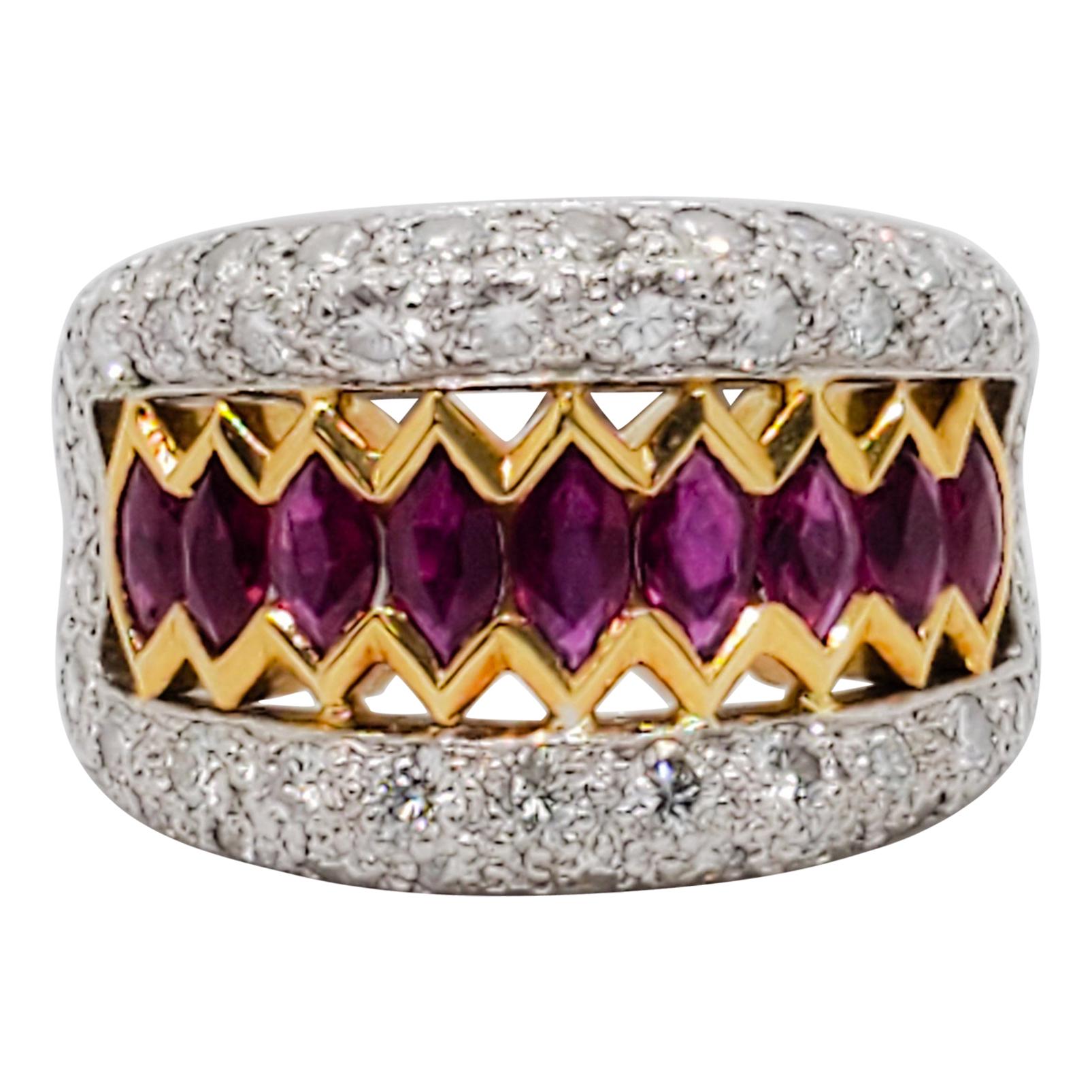Ruby and Diamond Platinum and Gold Band Ring at 1stDibs