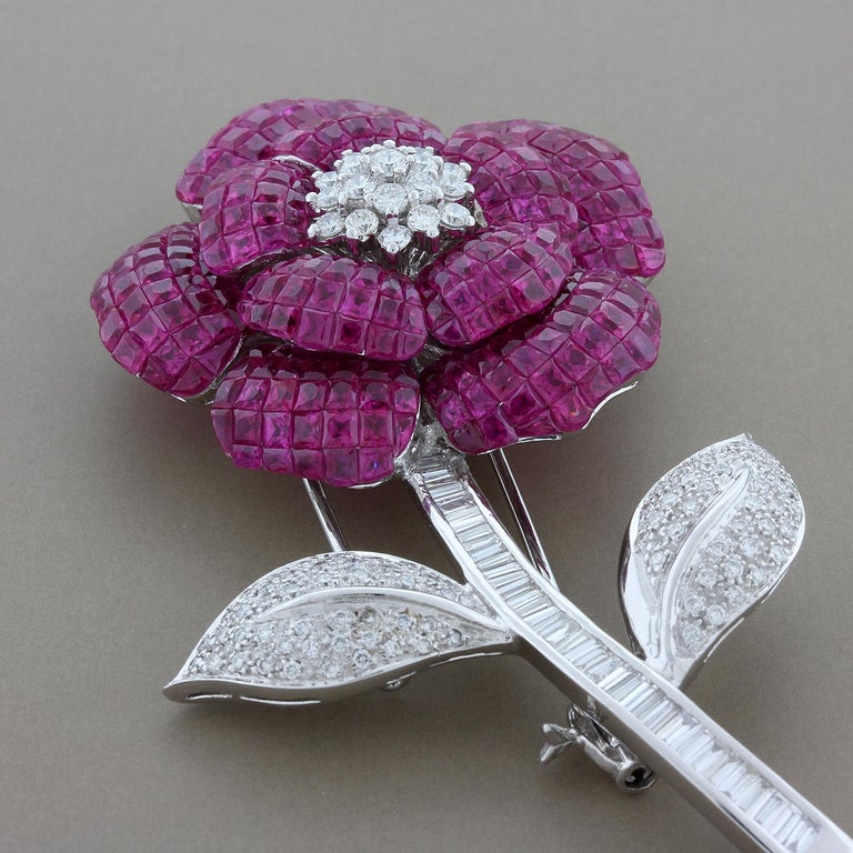 Estate Ruby Diamond Gold Florette Brooch at 1stDibs