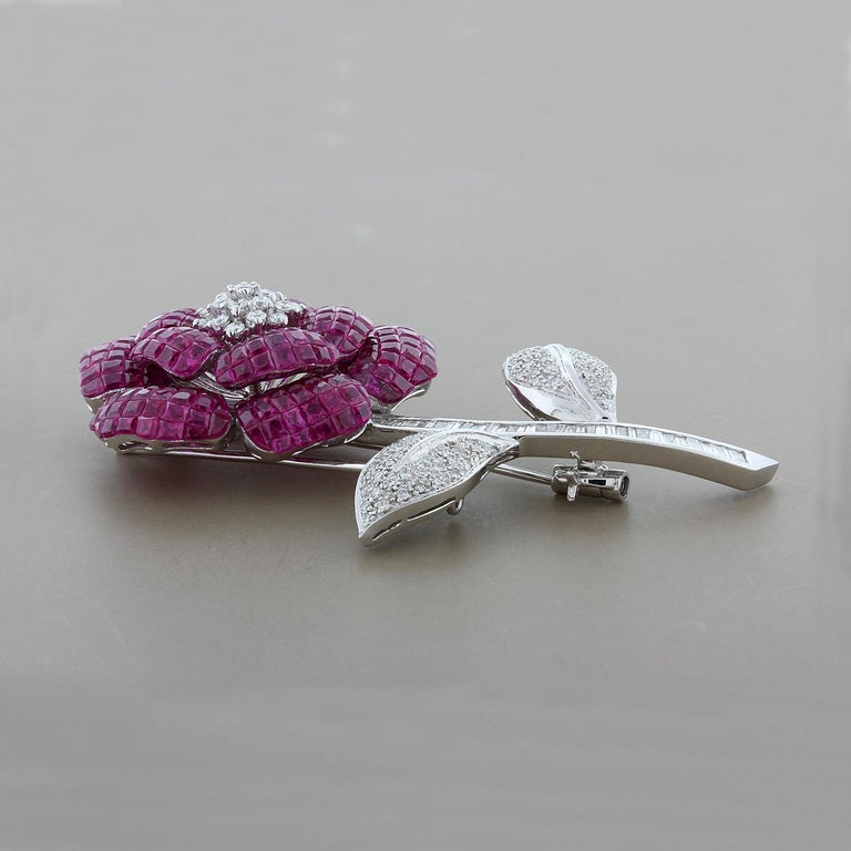 Estate Ruby Diamond Gold Florette Brooch at 1stDibs