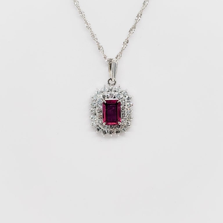 Estate Ruby Emerald Cut and White Diamond Pendant Necklace in Platinum ...
