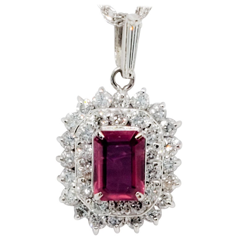 Estate Ruby Emerald Cut and White Diamond Pendant Necklace in Platinum ...