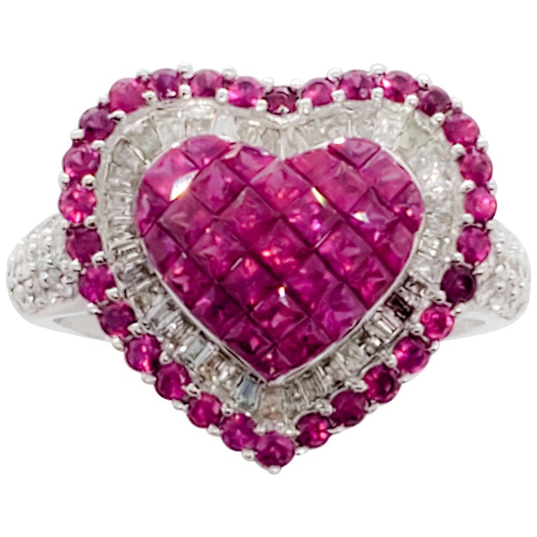 Estate Ruby Princess Cut, White Diamond, and Ruby Heart Shape Ring in ...