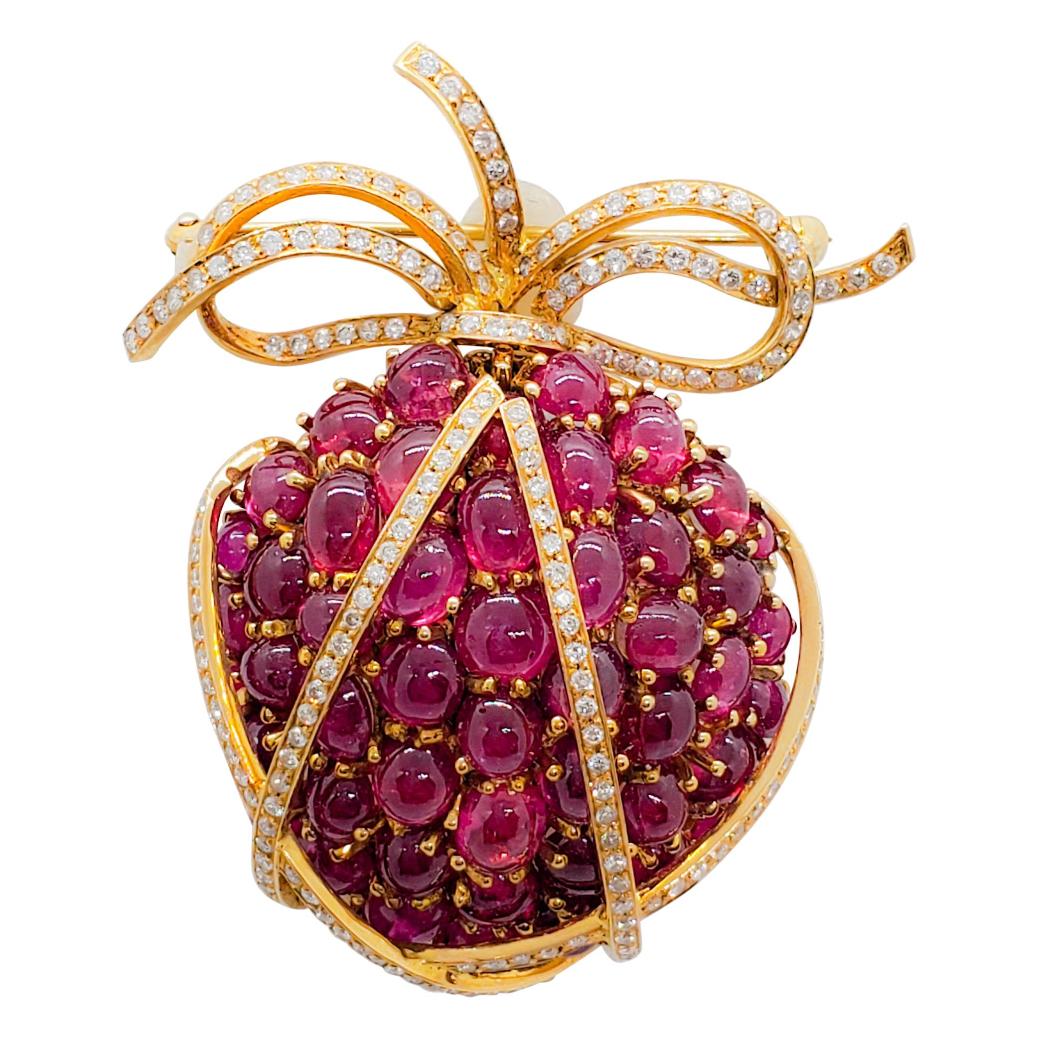 Estate Ruby Round and White Diamond Round Strawberry Brooch in 18 Karat ...