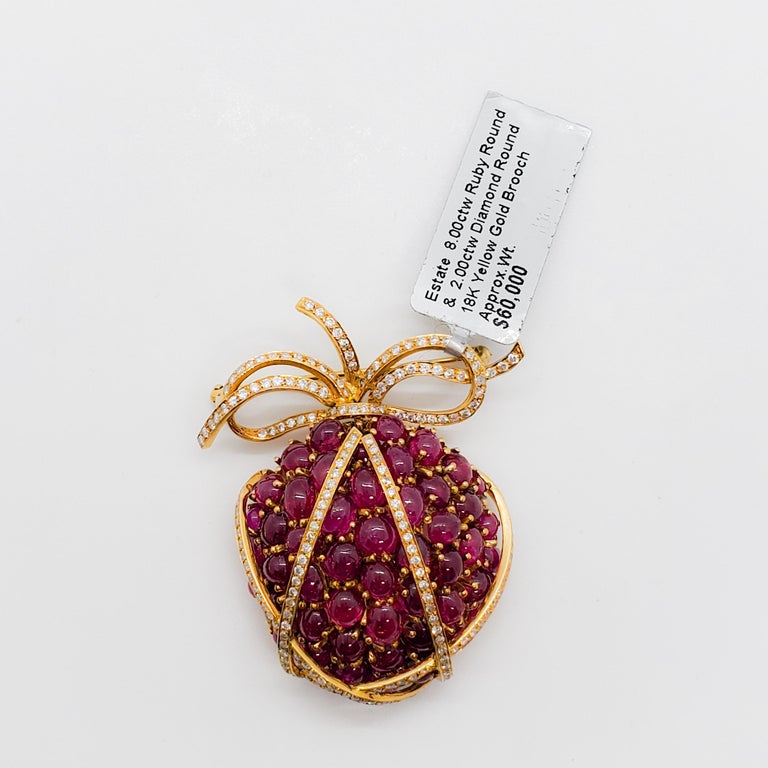 Estate Ruby Round and White Diamond Round Strawberry Brooch in 18 Karat ...