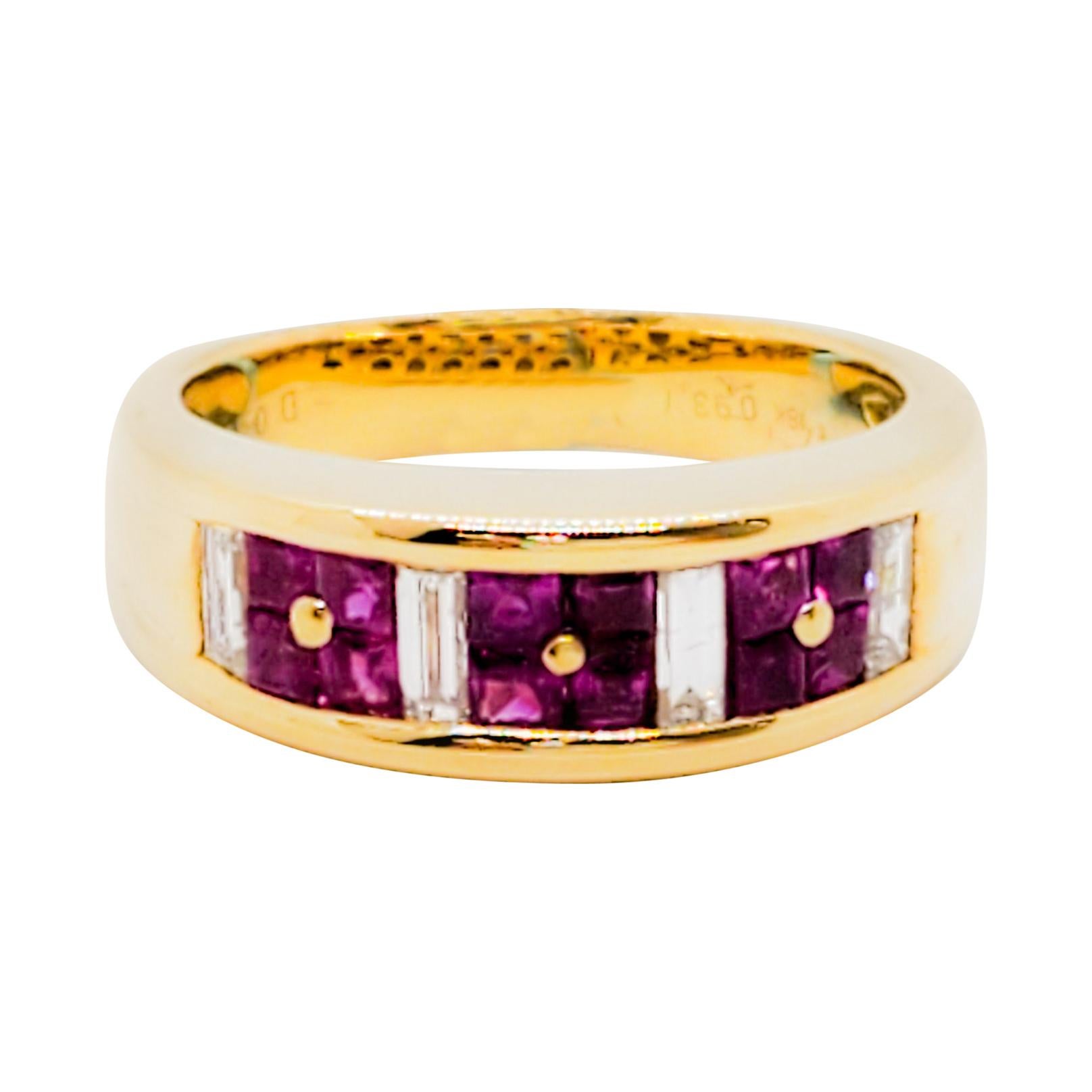 Estate Ruby Square and White Diamond Ring in 18 Karat Yellow Gold For ...