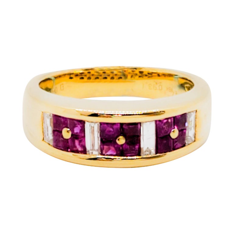 Estate Ruby Square and White Diamond Ring in 18 Karat Yellow Gold For ...