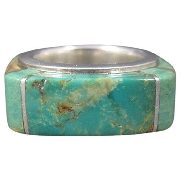 Estate Southwestern Sterling Turquoise Inlay Ring For Sale at 1stDibs