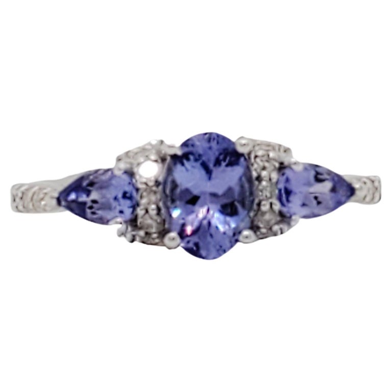 Estate Tanzanite and Diamond 3 Stone Ring in 14k White Gold at 1stDibs