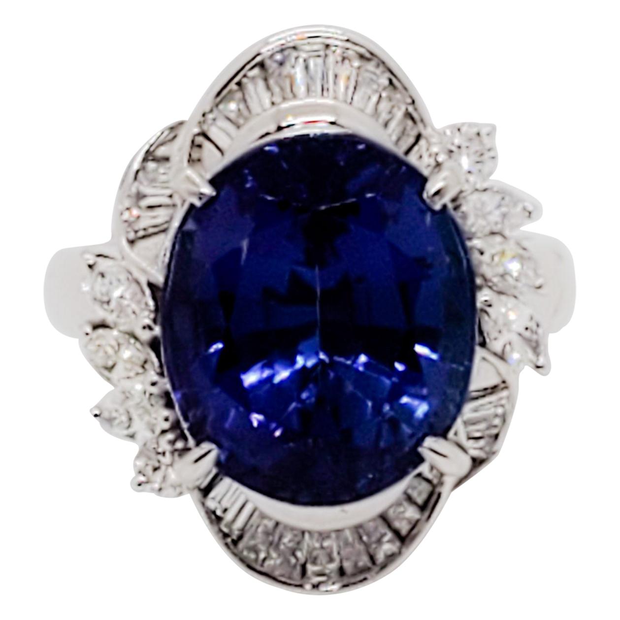 Tanzanite Oval and Diamond Baguette Cocktail Ring in Platinum at 1stDibs