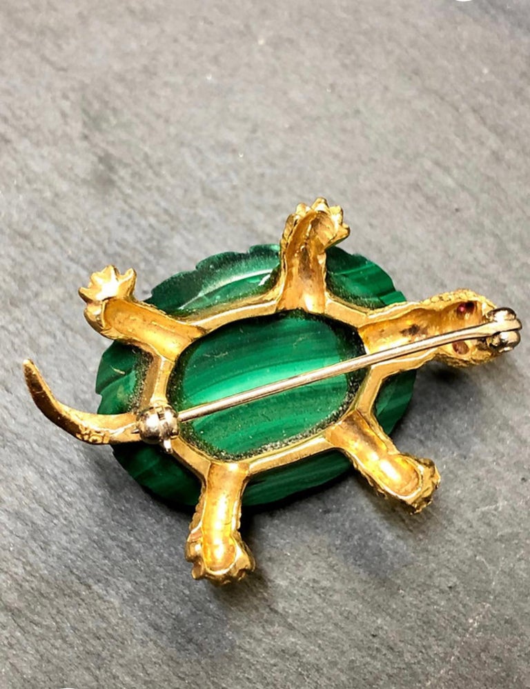 Estate Vintage 18K Malachite Ruby Turtle Pin For Sale at 1stDibs