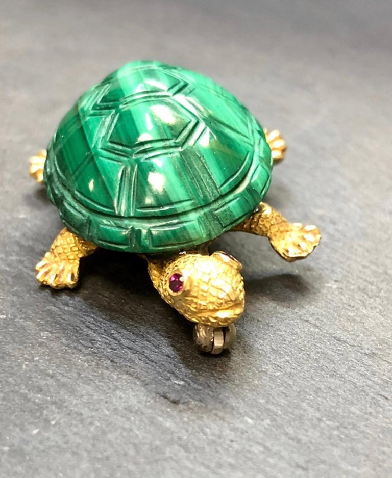 Estate Vintage 18K Malachite Ruby Turtle Pin For Sale at 1stDibs