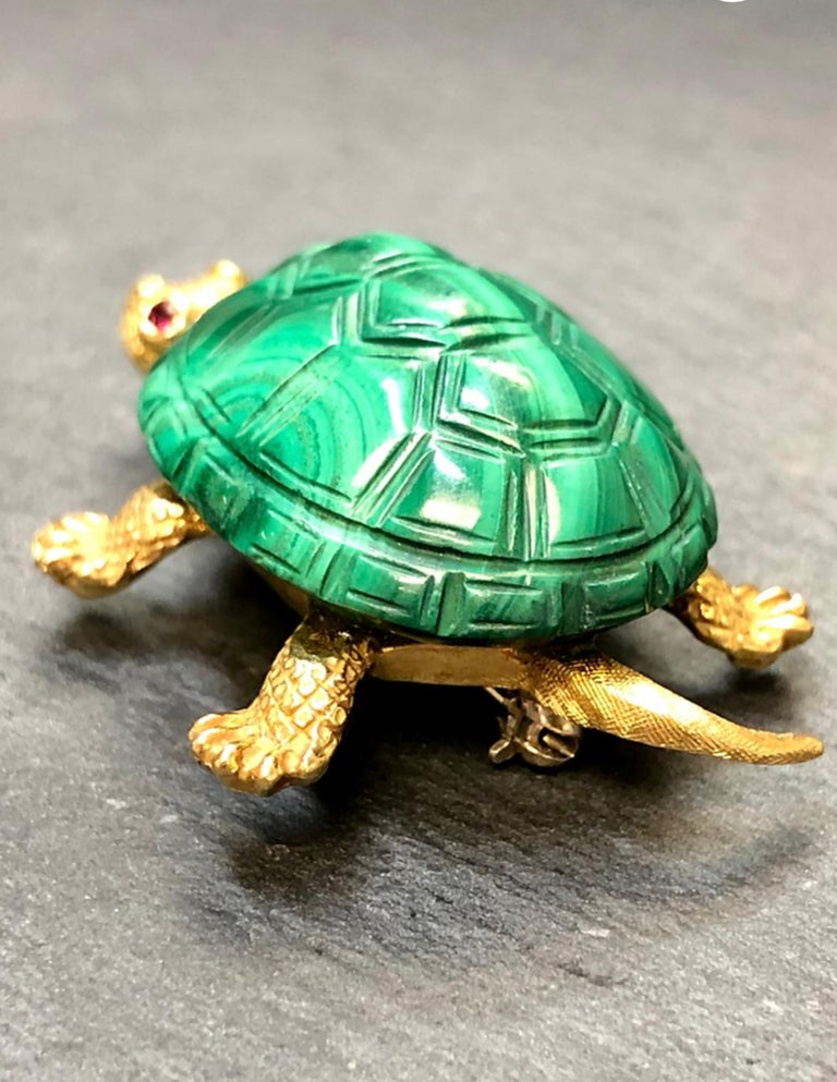 Estate Vintage 18K Malachite Ruby Turtle Pin For Sale at 1stDibs