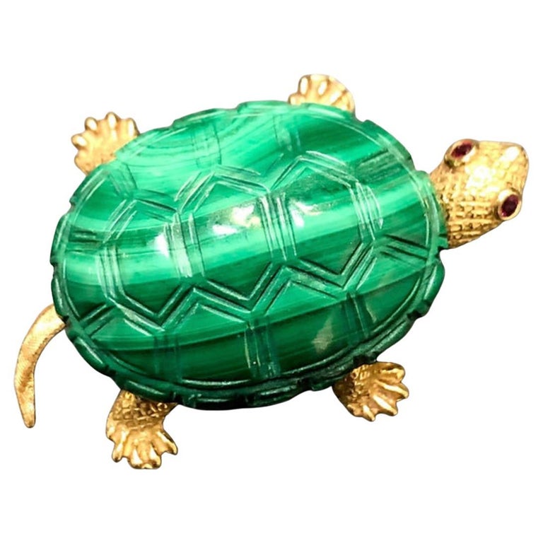 Estate Vintage 18K Malachite Ruby Turtle Pin For Sale at 1stDibs