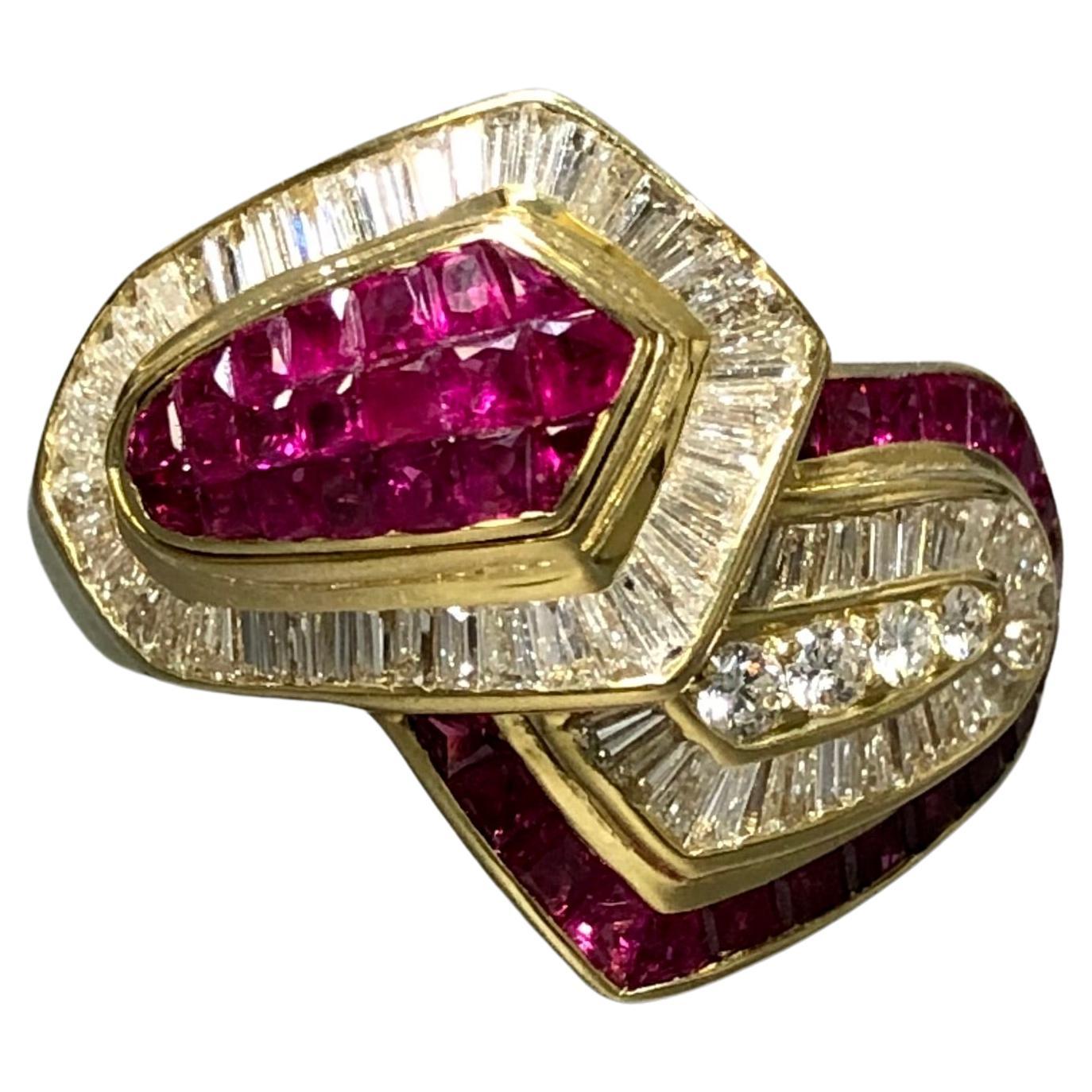 Estate Vintage 18K Yellow Gold Baguette Ruby Diamond Cocktail Ring 4.10cttw For Sale at 1stDibs