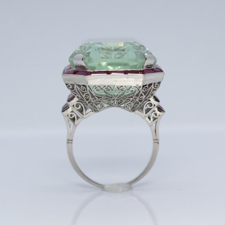 Estate Vintage Antique Art Deco Platinum Ruby and Large Aquamarine Ring ...