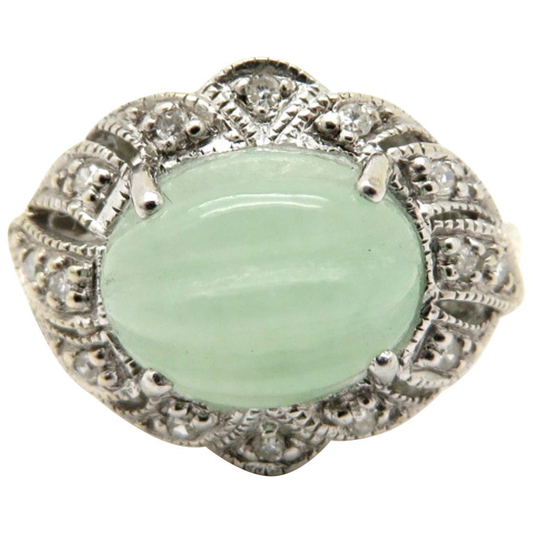 Estate Vintage Antique Oval Jade and Round Diamond Ring 14 Karat White ...