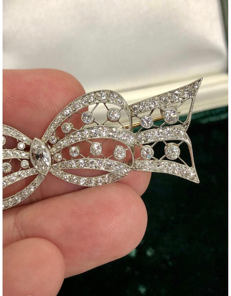 Estate Vintage Art Deco Platinum Diamond Bow Brooch Pin For Sale at 1stDibs
