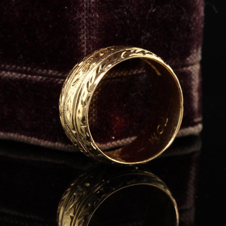 Estate Vintage English 18K Yellow Gold Engraved Wide Wedding Band For ...