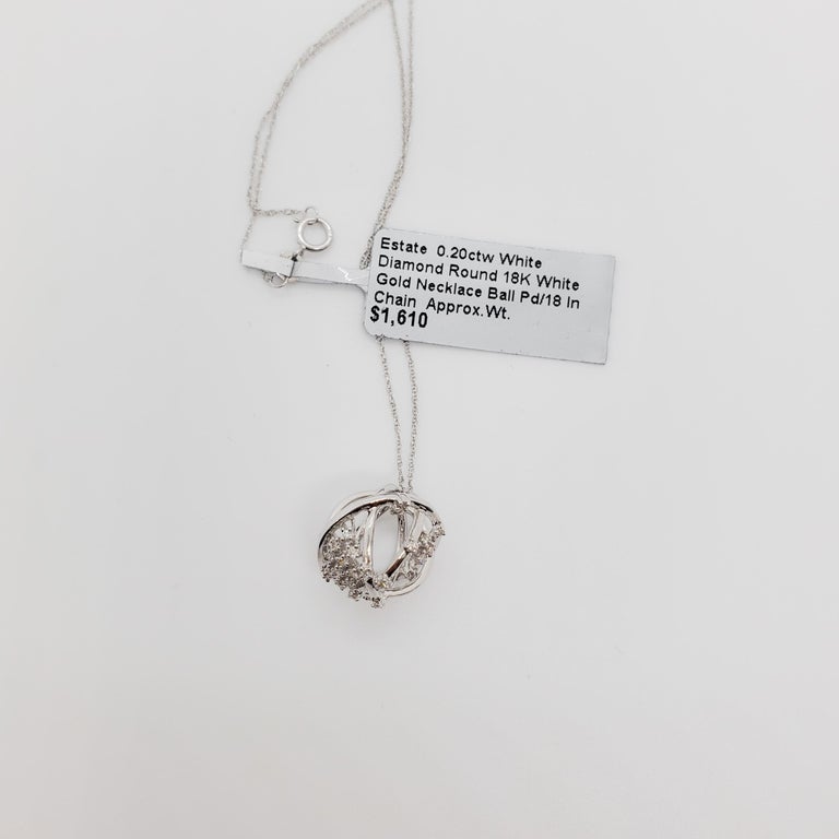 Estate White Diamond Ball Pendant Necklace in 18 Karat White Gold For ...