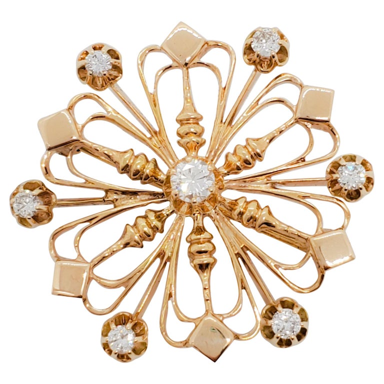 Estate White Diamond Brooch in 14k Yellow Gold For Sale at 1stDibs