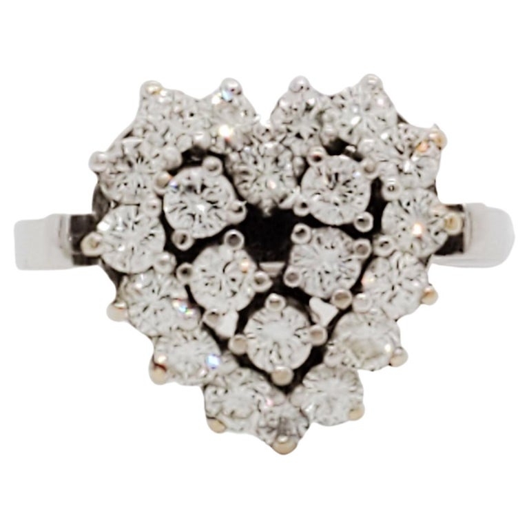 Estate White Diamond Heart Design Ring in 18k White Gold For Sale at ...