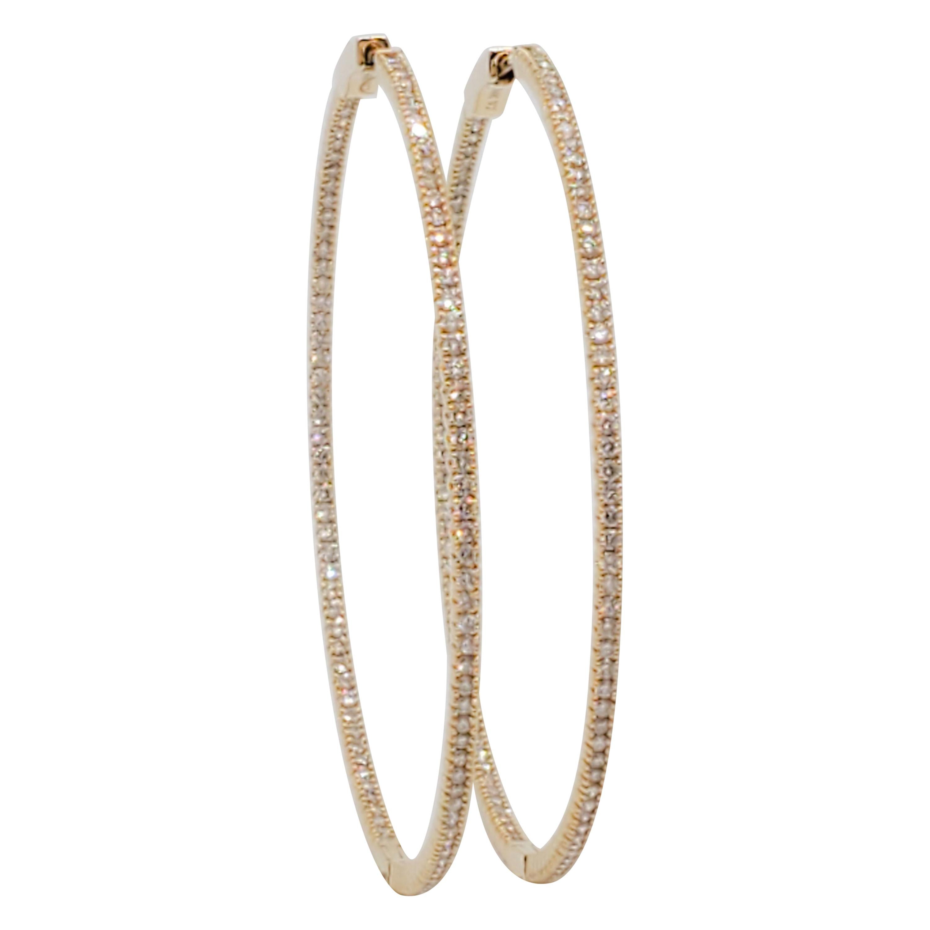 Estate White Diamond Semi Hoops in 14k Yellow Gold For Sale at 1stDibs