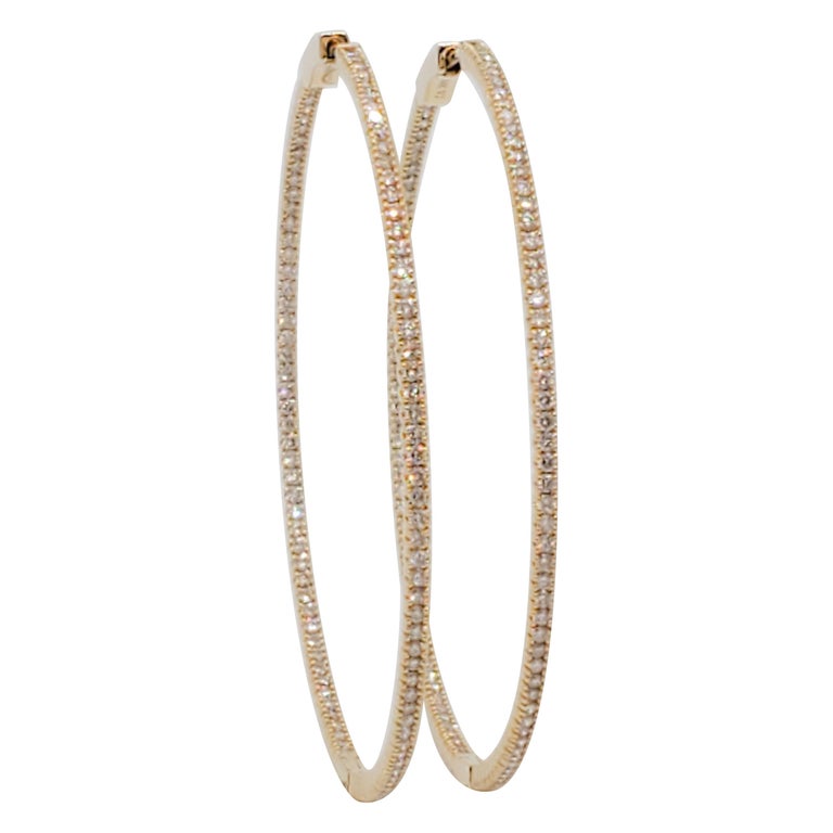 Estate White Diamond Hoops in 14k Yellow Gold For Sale at 1stDibs