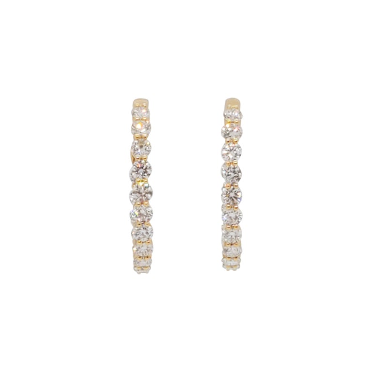 Estate White Diamond Hoops in 18k Yellow Gold For Sale at 1stDibs