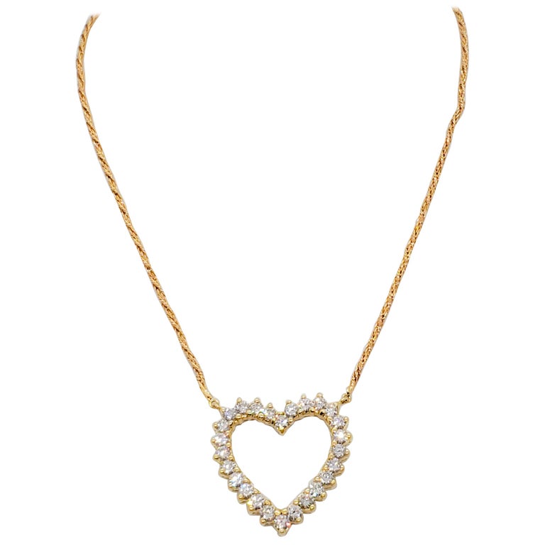 Estate White Diamond Open Heart Pendant Necklace For Sale at 1stDibs