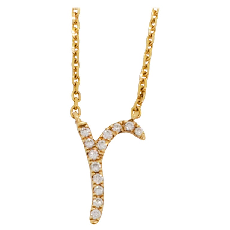 Estate White Diamond "r" Letter Pendant Necklace in 18k Yellow Gold For ...