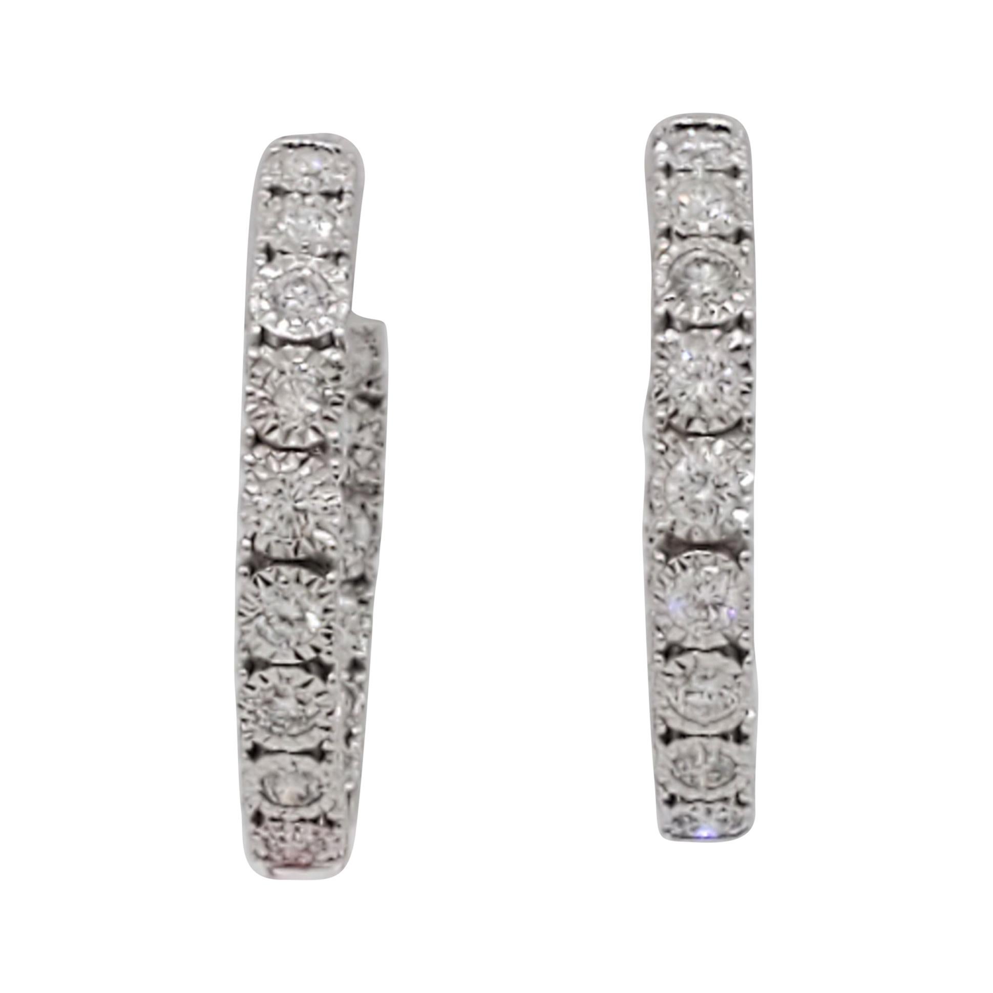 Estate White Diamond Round Hoops in 14k Gold For Sale at 1stDibs