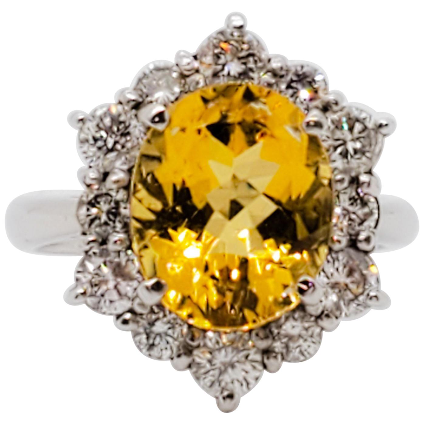 Estate Yellow Topaz Oval and White Diamond Cocktail Ring in Platinum ...