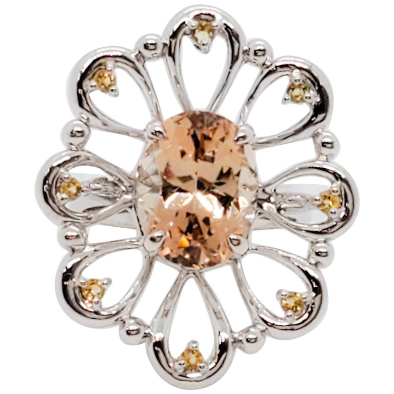 Estate Yellow Topaz Oval Flower Ring in 18 Karat White Gold For Sale at ...