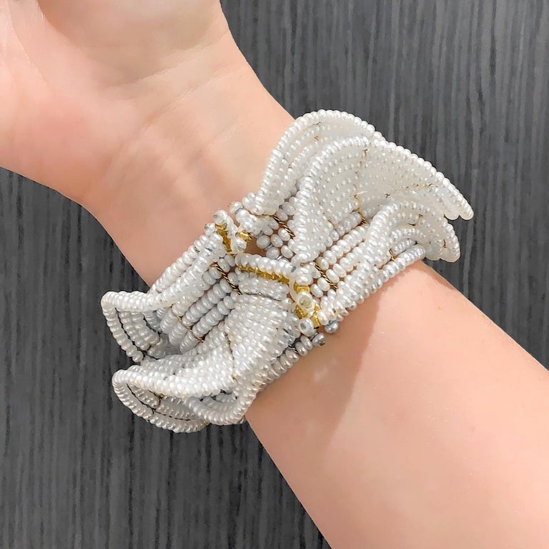 Estyn Hulbert White Pearl Ruffle Flexible Cuff Bracelet at 1stDibs