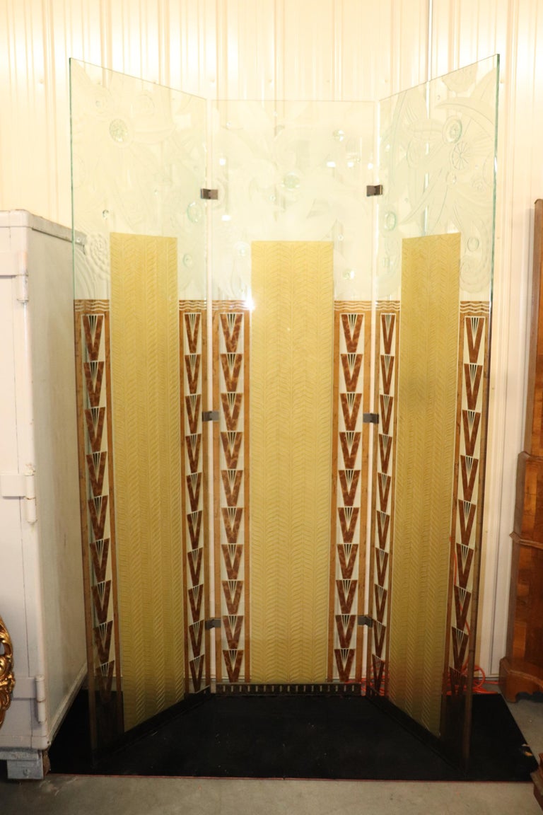 Etched Glass and Eglomise Three Panel Skyscraper Style Art Deco Divider ...