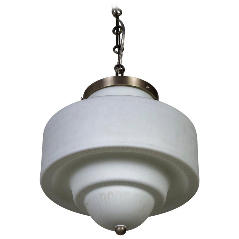 Etched Stepped Milk Glass Deco Pendant Light For Sale at 1stDibs