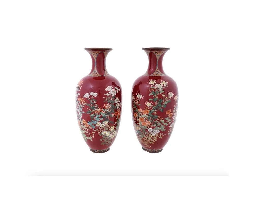 Eternal Blooms: Meiji Period Japanese Cloisonné Red Vases Adorned with ...