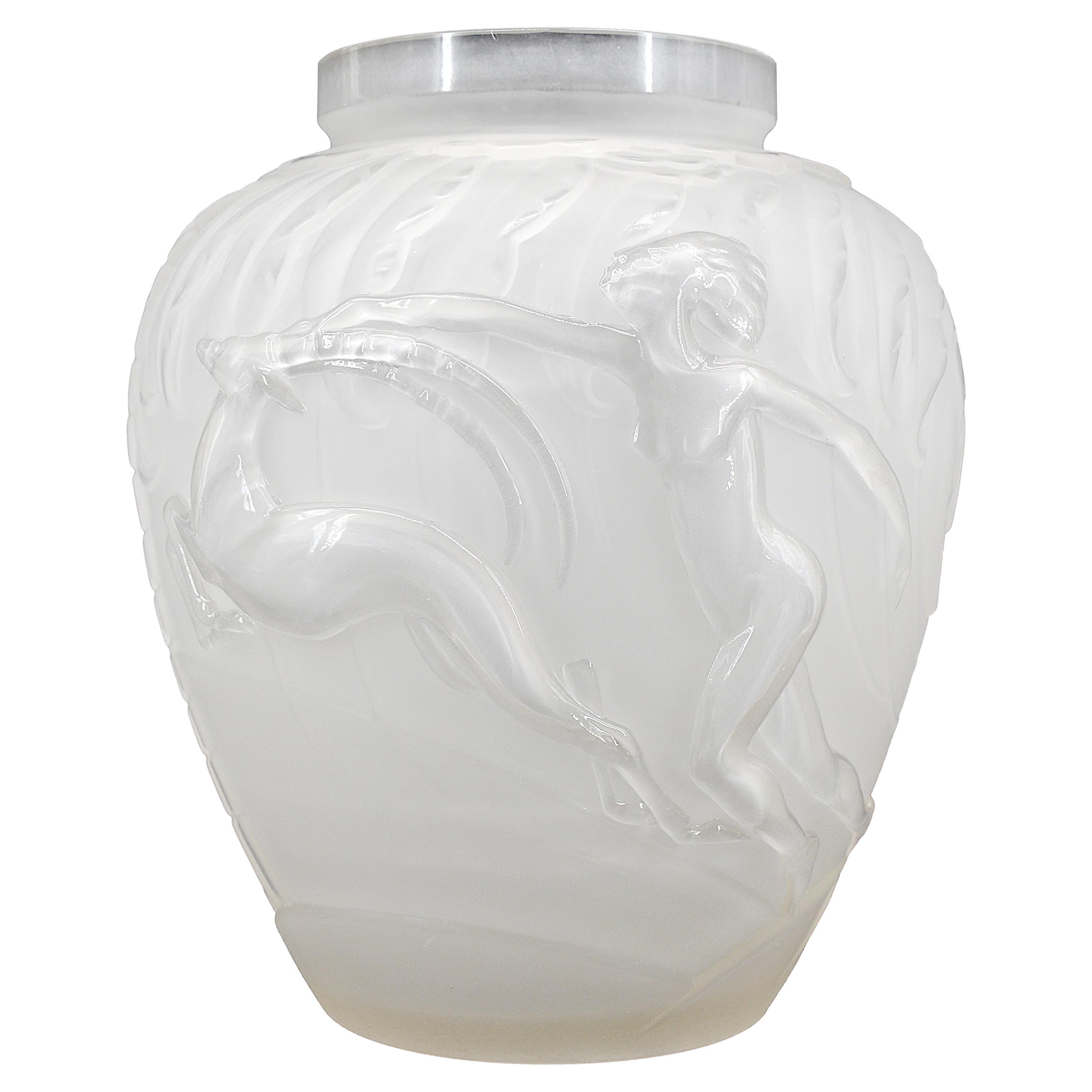 Pair of French Art Deco Frosted Glass Domremy Lalique Vases For Sale at ...