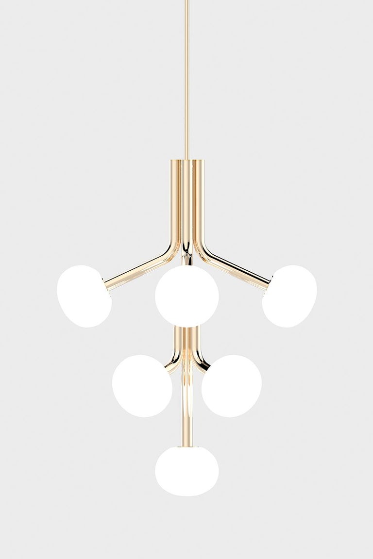 Etoile Pendant, Three Stem Polished Brass and Handblown Sandblasted ...