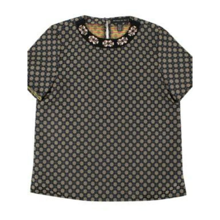 Etro 40 Black Printed Silk Blend Top with Jewelled Neck For Sale at 1stDibs