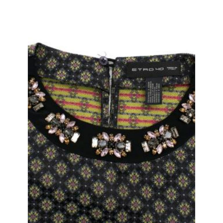 Etro 40 Black Printed Silk Blend Top with Jewelled Neck For Sale at 1stDibs
