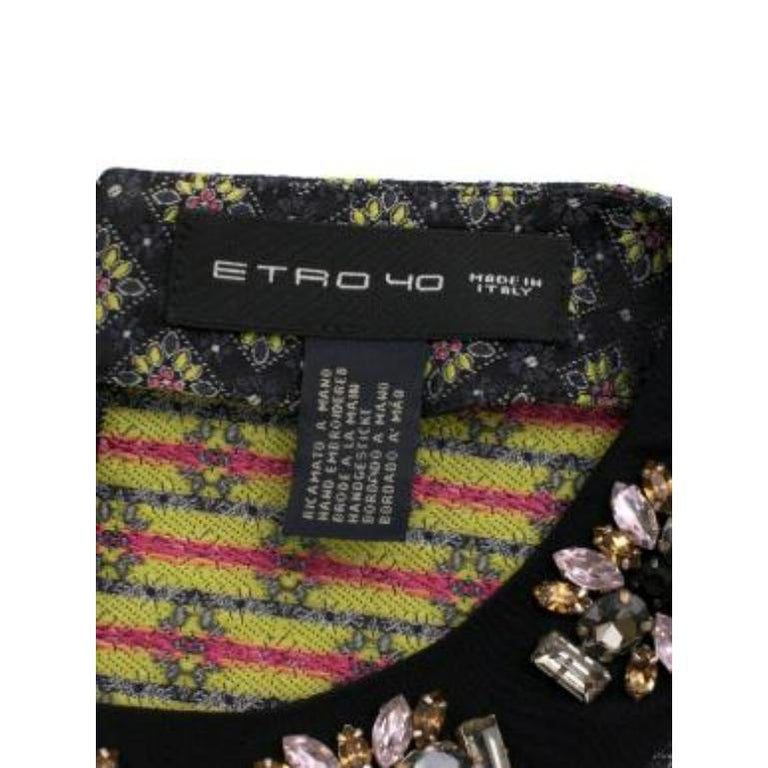 Etro 40 Black Printed Silk Blend Top with Jewelled Neck For Sale at 1stDibs