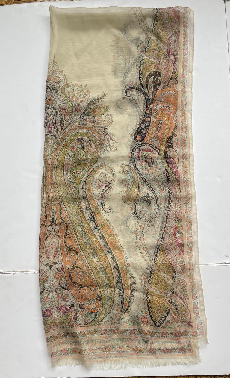 Etro Beige Paisley Printed 66" Sheer Silk Scarf w/ Fringed edge For ...